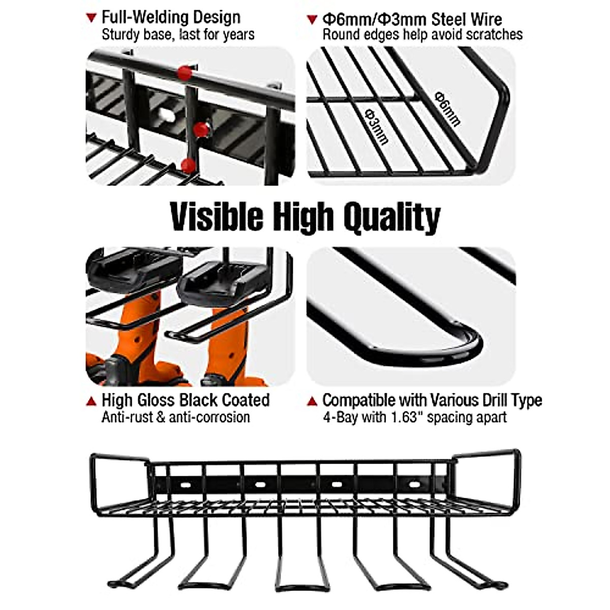 JoyPlus Heavy Duty Power Tool Drill Rack | Handheld & Power Tool Storage Organizer Wall Mounted Storage Rack Electric Drill Holder | Compact Steel Design (Drill Rack & Tool Shelf 2-in-1)