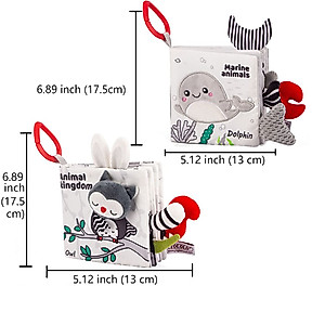 D-KINGCHY Baby Cloth Book Toy, Black and White Crinkle Tails Cloth Activity Books, Interactive Hanging Stroller Books for Newborn Infant, Early Development Toys with Sound for 0-2 Years Old