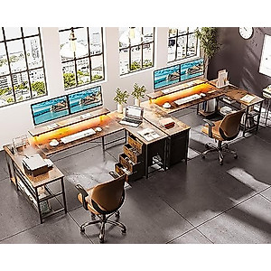 ODK U Shaped Desk with Power Outlets & LED Strip & Monitor Stand, 66" Reversible L Shaped Desk with Drawers and Storage Shelf, Home Office Gaming Desk, Vintage