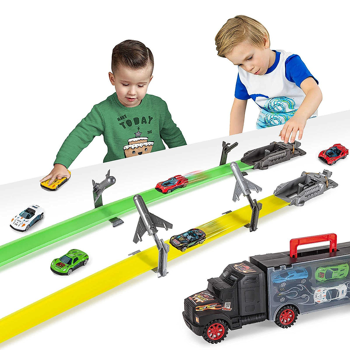 Abincee Toddler Toys for 3-5 Year Old Boys,Toy Truck Carrier with 12 Die-cast Vehicles Toy Cars and 2 Race Tracks,Gift for Kids Age 3 4 5 6 7