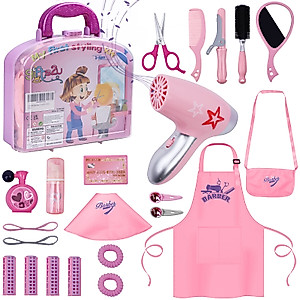 Gifts2U Girls Beauty Salon Set, 23 Pcs Kids Beauty Salon Toy Kit Pretend Hair Styling Set for Girls with Blow Dryer, Barber Costume Apron, Scissors and Stylist Accessories