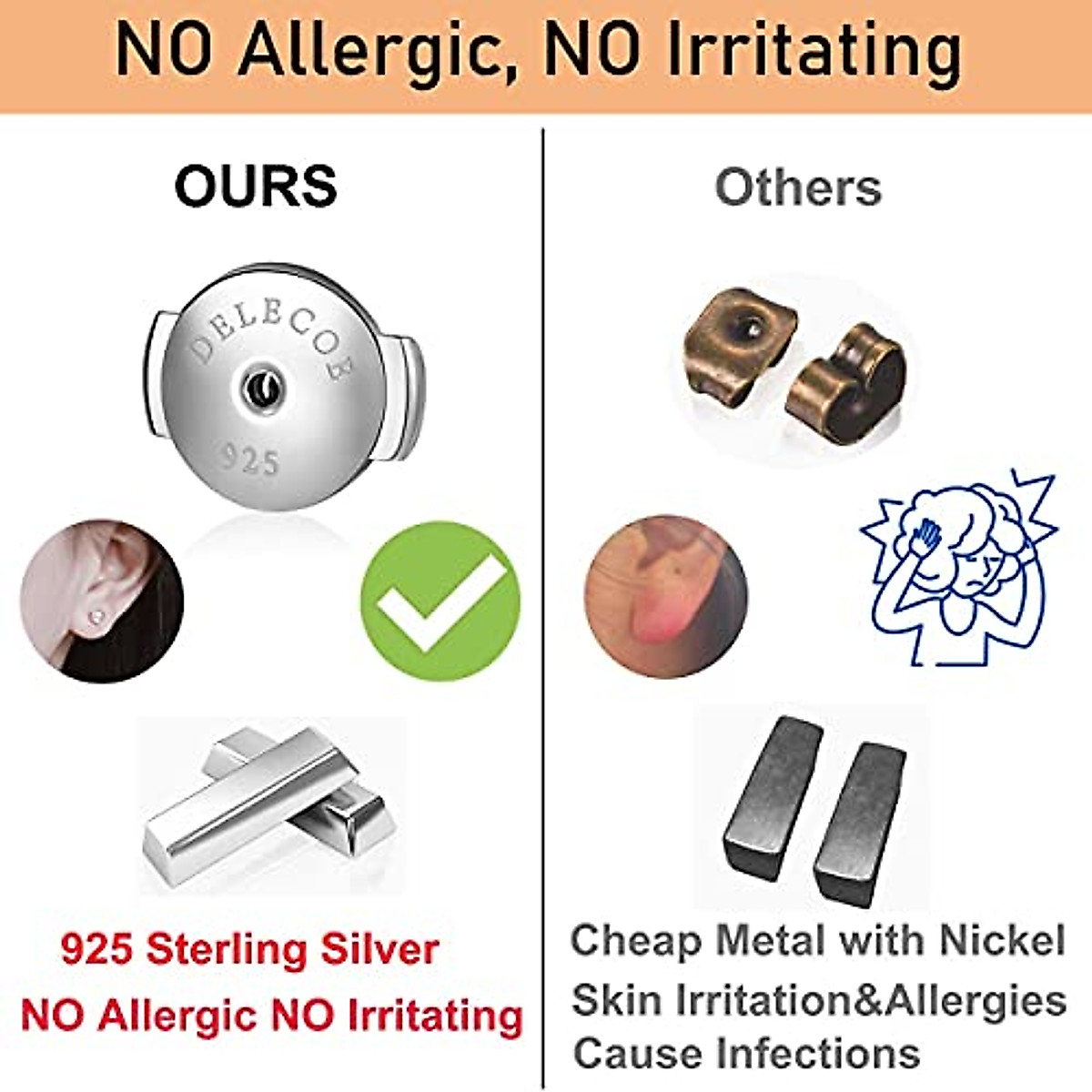 2 Paris Sterling Silver Locking Earring Backs Replacements for Diamond Studs, 18K White Gold Plated Screw Earring Backs, Secure Hypoallergenic Secure Earring Backs, No Fading Comfort Earring Backs