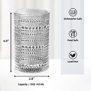 Hobnail Glasses Set of 6 Highball Vintage Drinking Glasses 13OZ Clear Embossed Vintage Glassware Hobnail Glass Cup for Water, Juice,Cocktail, Wine, Beer, Whiskey for Thanksgiving Day, Christmas Gift