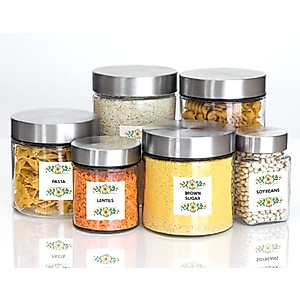 144 Pantry Labels for Food Storage Containers, Waterproof Printed on White Glossy Labels, Household Stickers + Numbers, Floral Kitchen, Water Resistant, Organization for Jars and Canister