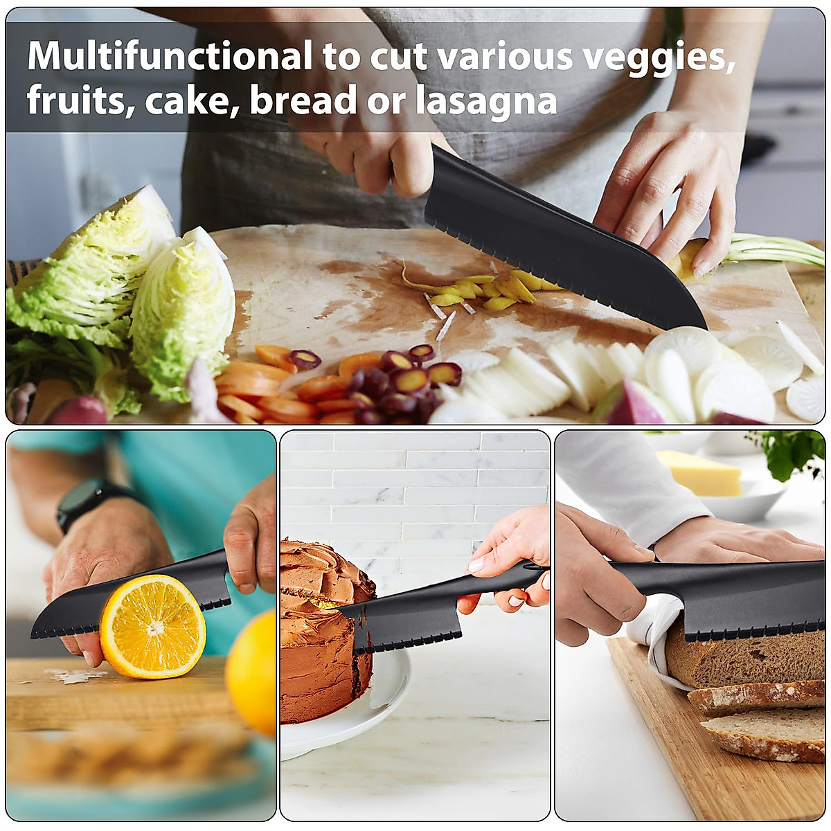 ChaLeeMoo 11” Nylon Knife for Nonstick Bakeware with Serrated Edges, Large Plastic Kitchen Knife to Cut Lettuce Salad Cake Brownie or Veggies Fruits, Nonmetal Knife for Teflon Cookware, Black 2 Pack
