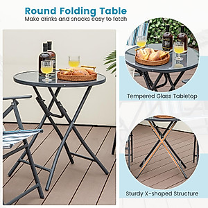 Tangkula 3 Piece Outdoor Folding Chair Set, 2 Folding Chairs with Folding Table, Heavy-Duty Metal Frame, Outdoor Dining Chair Set, Portable Patio Bistro Set for Backyard, Poolside, Balcony