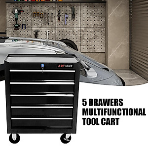 5-Drawer Workshop Tool Chest with Wheels and Lockable Drawers, Heavy Duty 220 LBS Capacity Rolling Tool Cart, Cold Rolled Steel Storage Organizer Tool Box for Warehouse, Garage, Repair Shop - BLACK