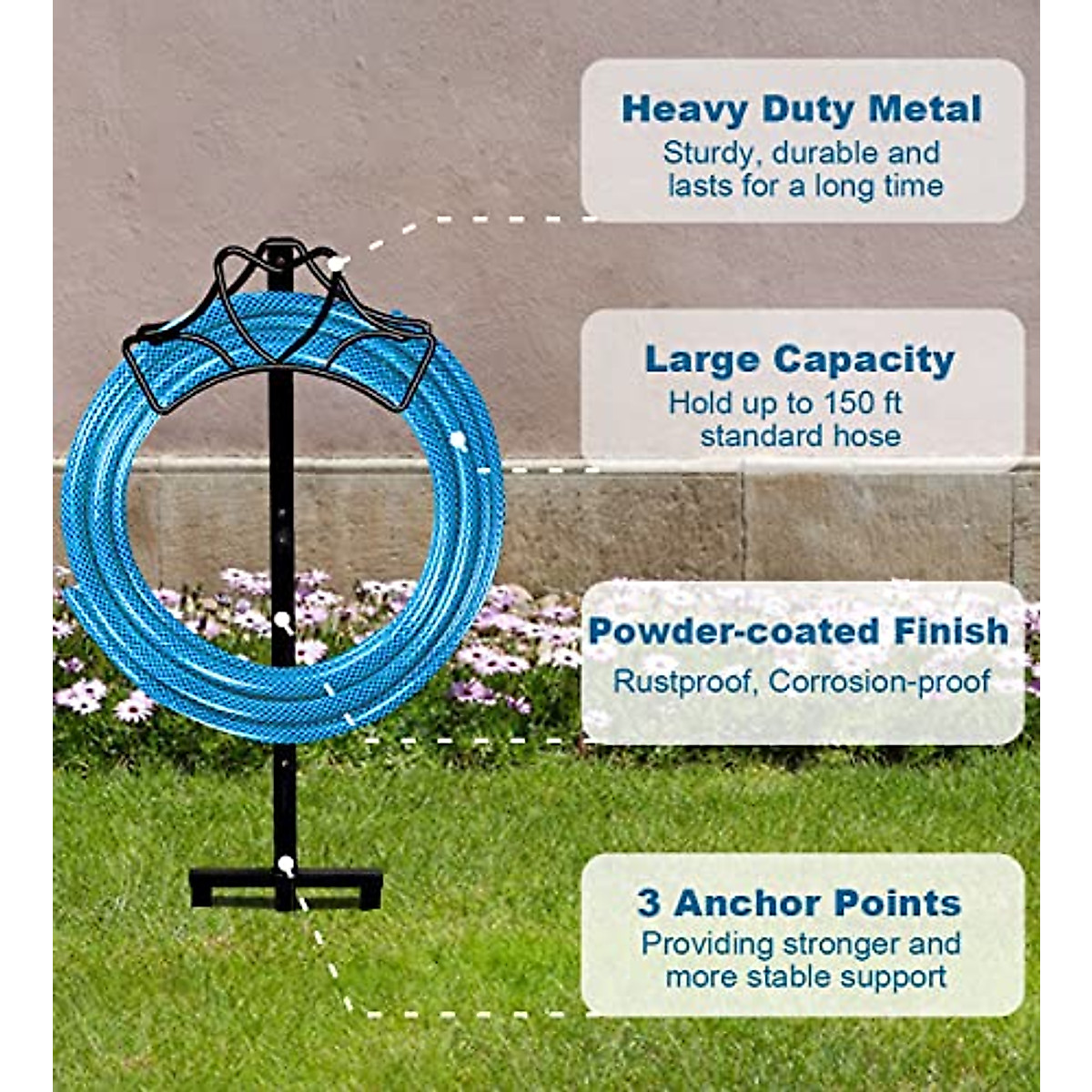 Artigarden Outdoor Garden Freestanding Hose Holder Stand, Heavy Duty Metal Water Pipe Storage Rack Stake for Backyard, Black