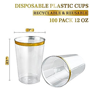 FOCUSLINE 100 Pack 12 oz Gold Rimmed Plastic Cups, 12 Ounce Clear Tumblers, Heavy-duty & Fancy Disposable Hard Plastic Cups with Gold Rim for Wedding Elegant Party