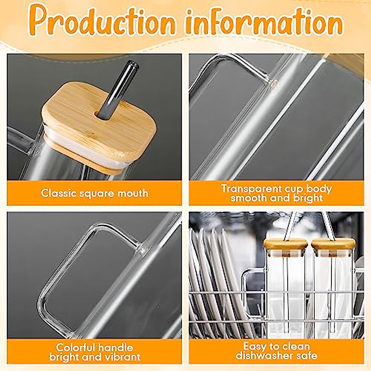 Rtteri 6 Set Glass Cups Square Drinking Glasses with Bamboo Lid Straw and Handle Appreciation Gifts for Employee Coworker Portable Coffee Mugs(13 oz, Small,Clear)