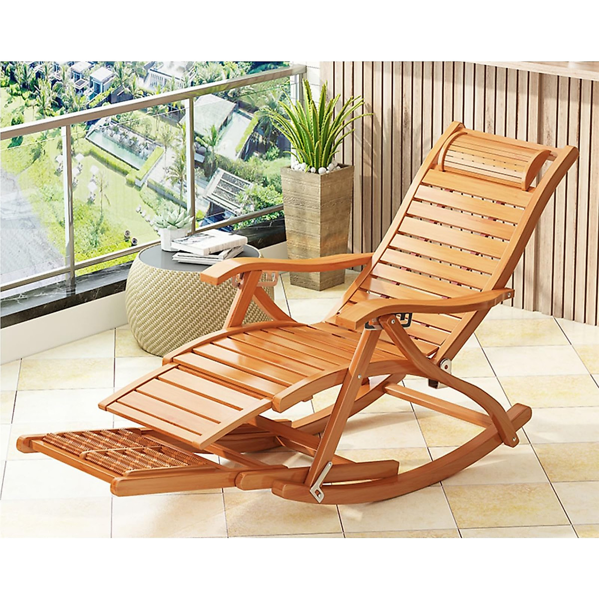 Outdoor Rocking Chair,Foldable Recliner,Bamboo Lounge Chair,Foldable Rocking Chair,Garden Deck Chairs for Elderly,Garden Chair,with Headrest Pillow and Foot Massage Board(Grey)