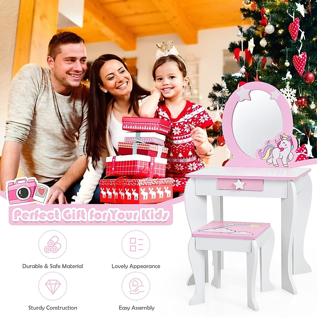 Costzon Kids Vanity Set with Mirror, 2 in 1 Wooden Princess Makeup Dressing Table with Detachable Top, Toddler Girls Vanity with Drawer & Stool, Pretend Play Vanity Set for Little Girls, White