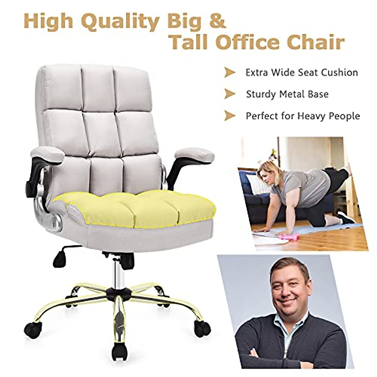 Giantex Executive Office Chair, Big and Tall Ergonomic Computer Chair, Adjustable Tilt Angle and Flip-up Armrest Linen Fabric Upholstered Chair with Thick Padding, High Back Managerial Chair (Beige)