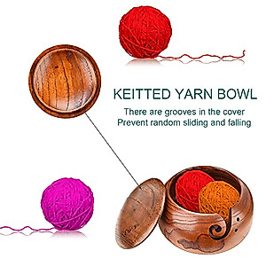 BTPOUY Wooden Yarn Bowl with Lid Round Knitting Yarn Bowls with Holes Handmade Yarn Storage Bowl Yarn Holder for Crocheting and Knitting, 5.7x3.4 Inch