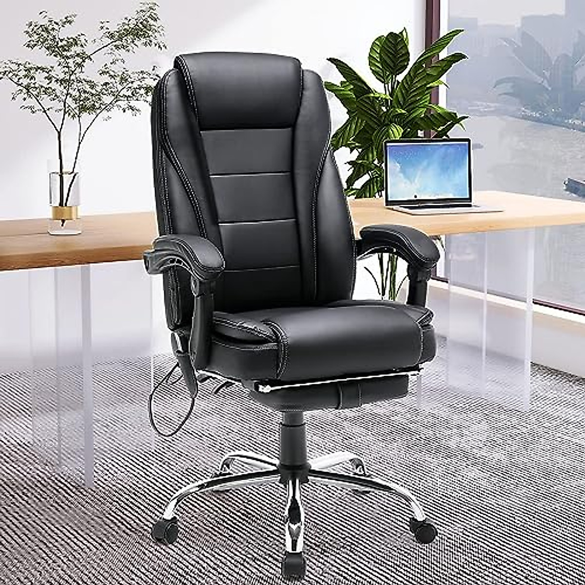 HOMREST Executive Office Chair, Massage Heated Desk Chair with Ergonomic High Back PU Leather Computer Chair with Footrest Lumbar Support for College Dorm (Black)