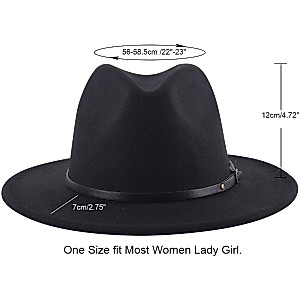 Lanzom Womens Classic Wide Brim Floppy Panama Hat Belt Buckle Wool Fedora Hat (One Size, Black)