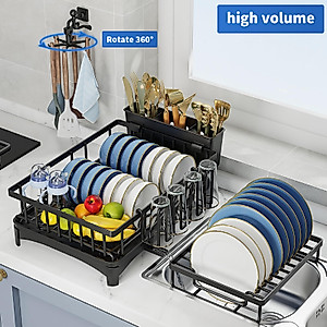 KEKAPE Dish Drying Rack, Space-Saving & Durable, Rust-Proof 2 Tier Stainless Steel Dish Rack for Kitchen Counter with Detachable Drainboard, Utensil Holder, and Cup Holder Set,Large Size, Black