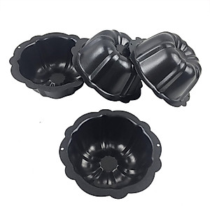 LoveDeal 4 Inch Nonstick Mini Bundt Cake Pan, Set of 4 for Baking, Carbon Steel Fluted Cake Pans, Metal Round Pumpkin Shaped Cake Mould for Cupcake, Muffin, Brownie, Pudding - Black
