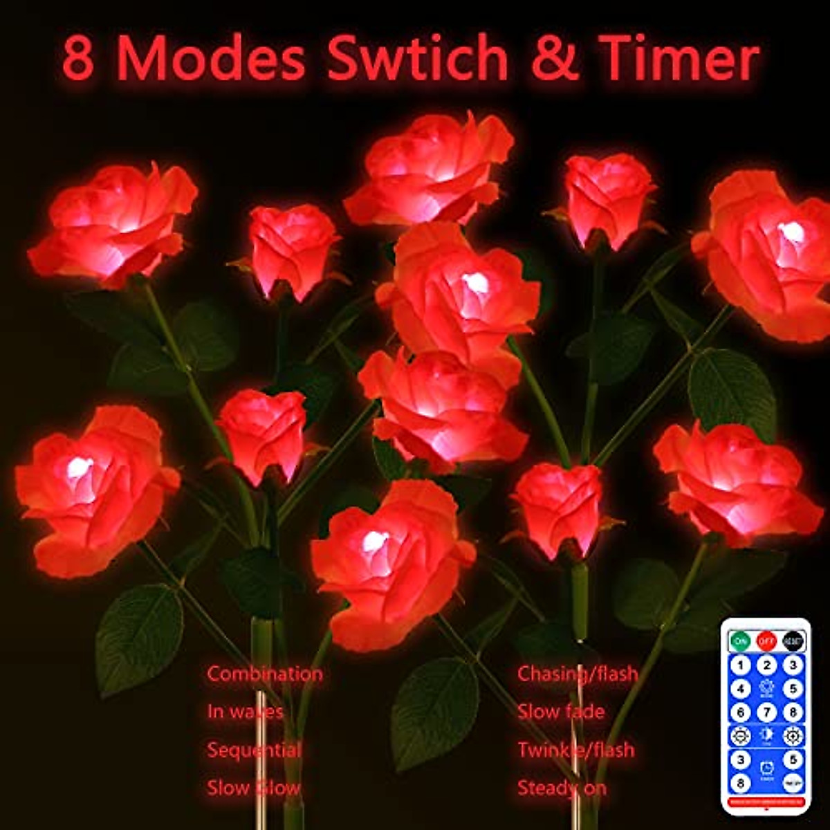 PINPON Outdoor Solar Flower Lights - 4 Pack Red Roses Lights Outdoor Garden Decorative with 16 Oversized Red Roses Flowers, 8 Modes Remote Control Switch for Garden, Lawn, Patio, Pond, Backyard