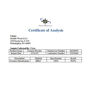 Creatine Monohydrate Powder 1.1lbs (100 Servings of 5 Grams Each - Third Party Tested Micronized Creatine Powder) Unflavored, Keto, Vegan Friendly (with Scoop)(Creatina Monohidratada) by Double Wood