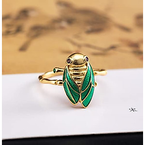 Helen de Lete Colorful Golden Cicada S925 Sterling Silver Adjustable Ring For Men and Women