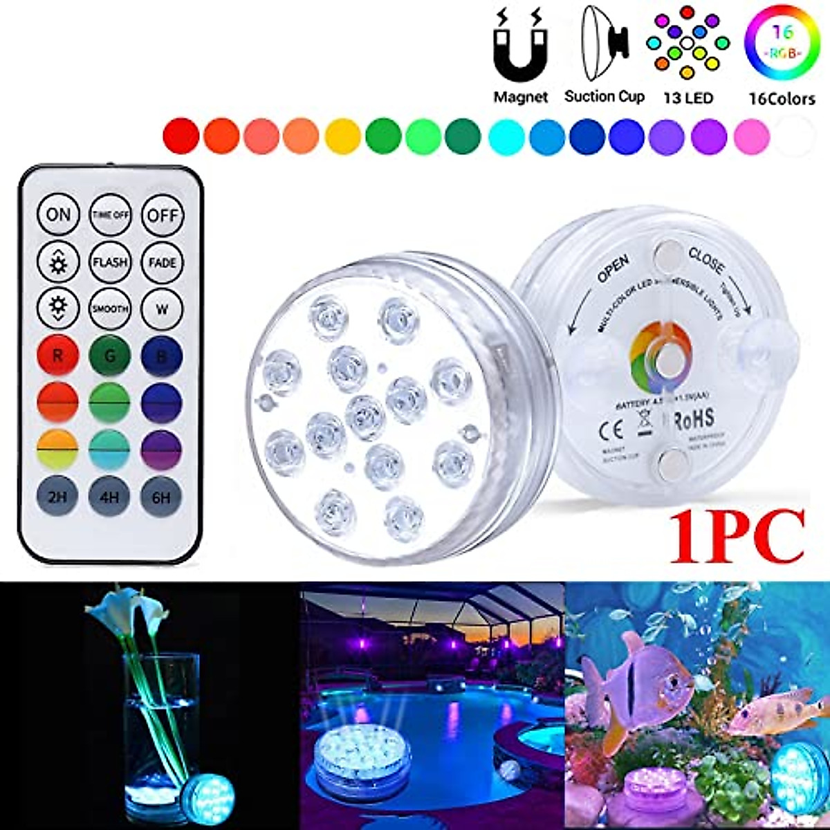 1PC Pool Lights Submersible LED Lights With Magnet And Suction Cups Remote Pool Lights IP68 Waterproof Underwater Timing With Pool Light for Pond Aquarium Fountain Bathtub Home Garden Decor (S, Clear)