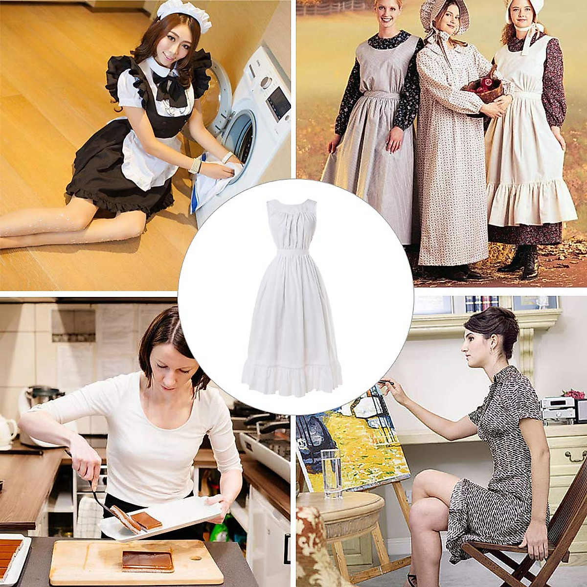 CR ROLECOS White Vintage Maid Ruffle Apron for Women Colonial Pioneer Peasant Apron Pinafore Adjustable Kitchen Gift L