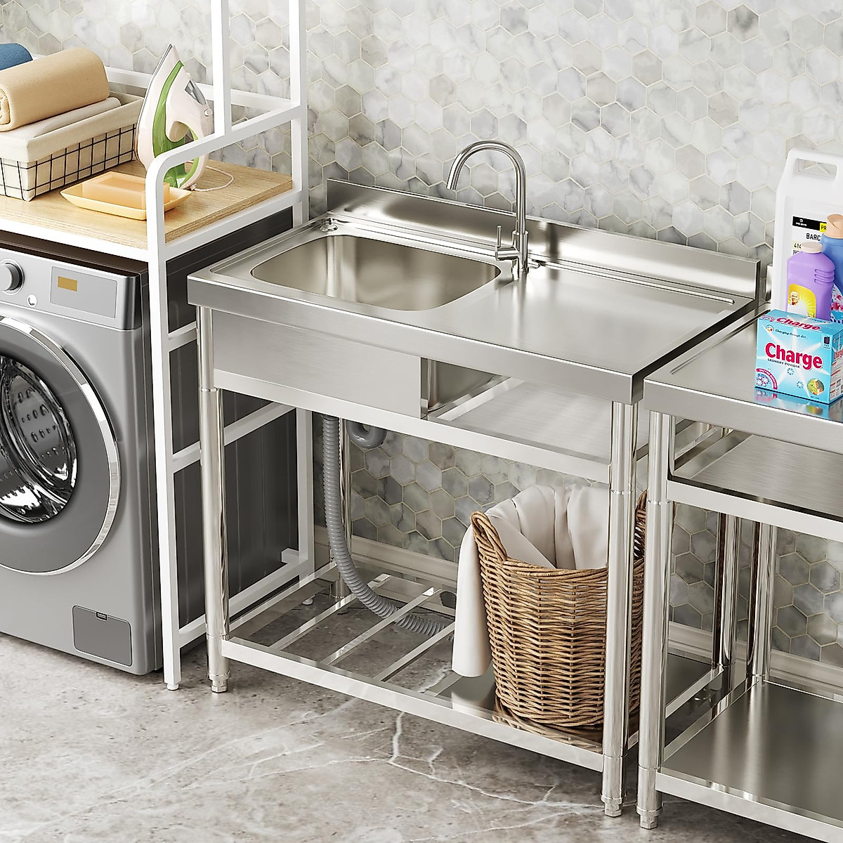 ROOMTEC 304 Stainless Steel Single Bowl Utility Sink Set, Commercial Restaurant Kitchen Sink, Outdoor Sink with Workbench & Storage Shelve with Hot and Cold Water Pipes (39 in (Left bowl))