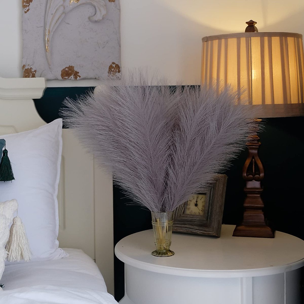 Faux Pampas Grass 6 Stems Small Artificial Pampas Grass 18'' No-Shedding Short Fake Pampas Grass Pompass Fluffy Plants Boho Decor for Centrepiece Living Room Home Office Wedding, No Vase (Grey)