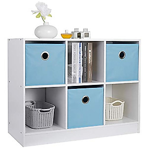 Nouva 3x2 Cubic Organizer 6 Cube Storage Bookcase Wooden Bookshelves Toy Organizers with 3 Non-Woven Bins for Bedroom Living Room, White&blue