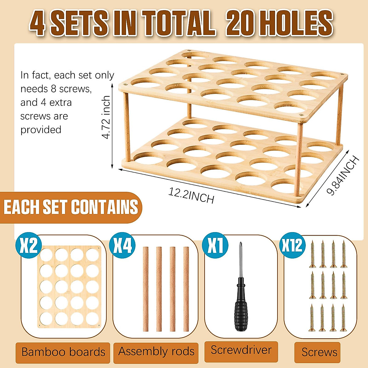 Sintuff 4 Pack Vinyl Roll Holder 80 Holes Bamboo Vinyl Storage Rack Easy to Assemble Vinyl Roll Storage Organizer for Craft Paper Roll Holder Craft Room