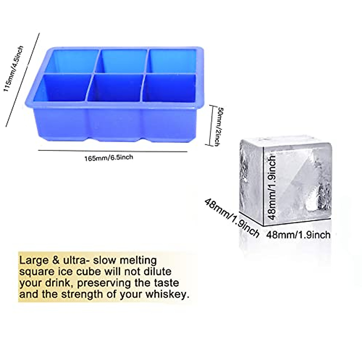 Makya Ice Cube Trays Large Size Flexible 6 Cavity Ice Cube Square Molds for Whiskey and Cocktails, Keep Drinks Chilled (2 Pcs Blue) 6.5x4.5 inch