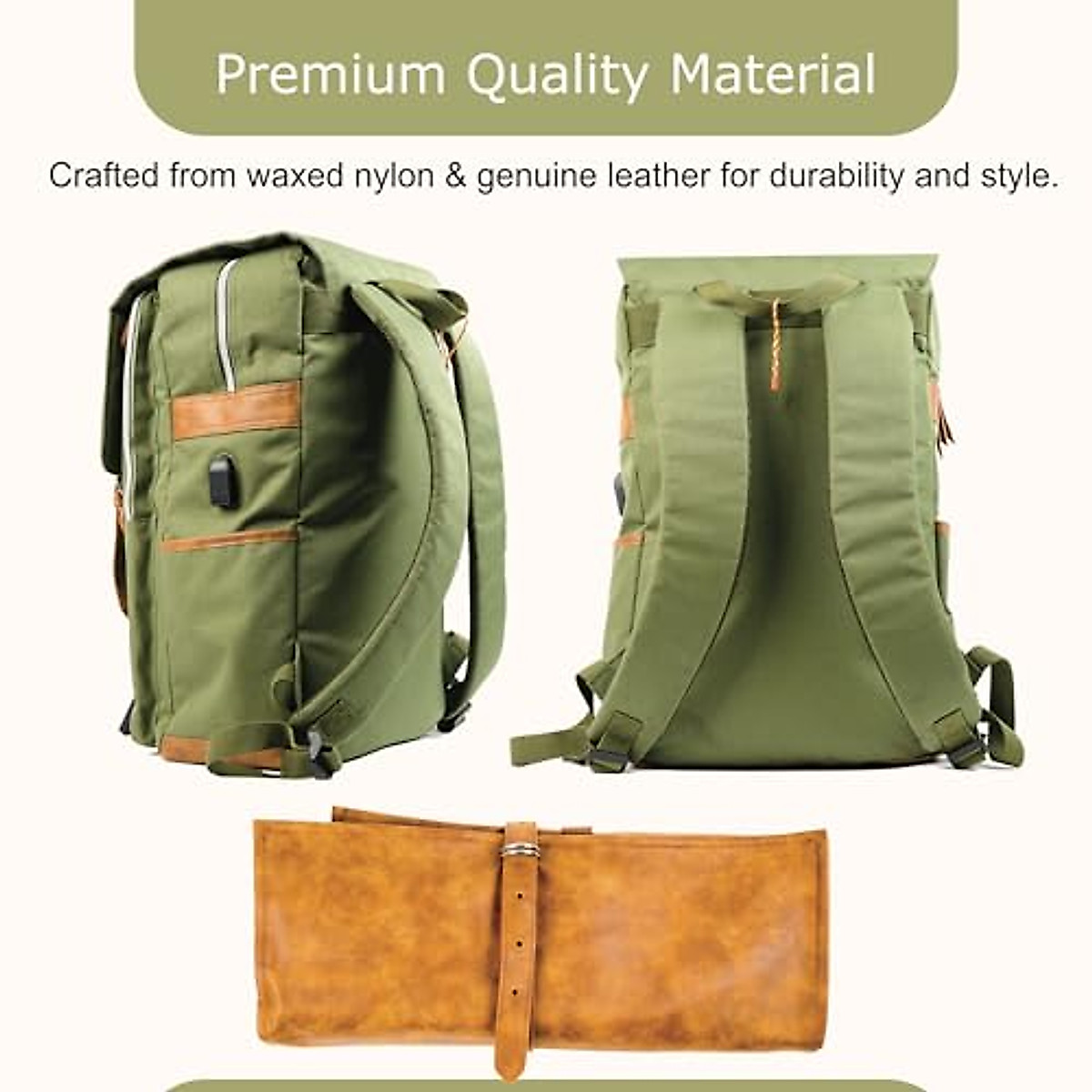 Chef Knife Bag with Leather Knife Roll Holds 10 Knives-Travel Friendly Tool bag backpack with USB Charging Port- Ample Storage Knife Carrying Case w/Back Pocket for Laptop-Sturdy & Stylish Chef Bag