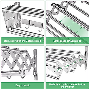 HITASTAR Wall Mounted Drying Rack Clothing for Laundry Foldable 16.5 inch with 7 Rod Space-Saving Stainless Steel Garment Hanger Mounted Organizer for Laundry Room, Bathroom