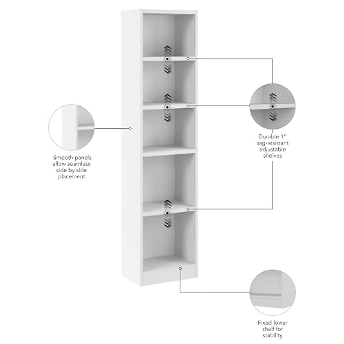 Bush Furniture Universal 17W Narrow 5 Shelf Bookcase in White, Tall Skinny Bookshelf for Home Office Storage or Living Room Organization
