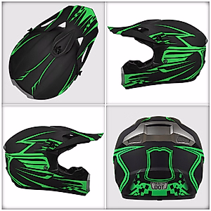 Youth Kids Motocross Dirt Bike Helmet DOT Approved ATV Motorcycle Full Face Helmet Kids Four-Wheeler Offroad Street MX Helmet with Gloves,Goggles,Face Shield 4-Piece Set (Green, Small)