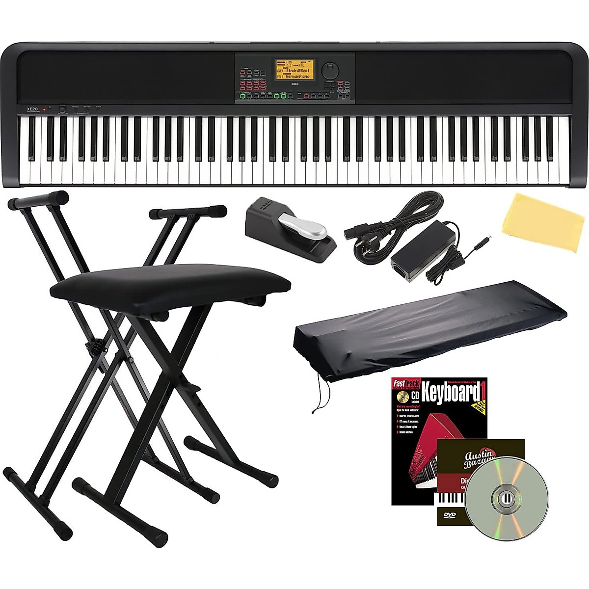 Korg XE20 Digital Ensemble Piano Bundle with Adjustable Stand, Bench, Power Supply, Damper Pedal, Keyboard Cover, Instructional Book, Austin Bazaar Instructional DVD, and Polishing Cloth