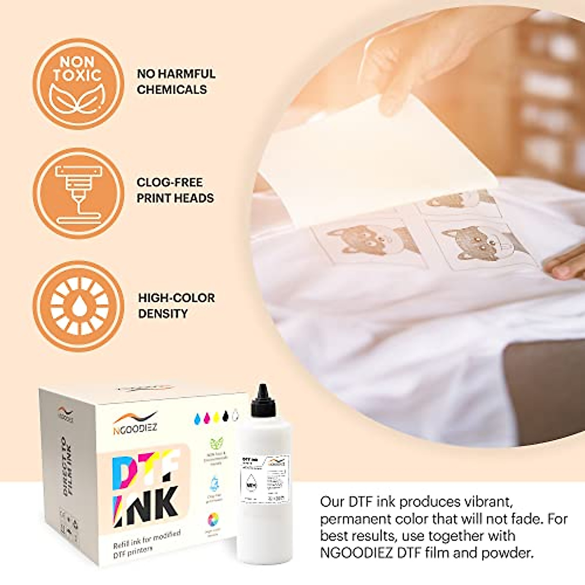 NGOODIEZ DTF Ink White - Premium DTF Refill Ink for Heat Transfer Film Printing for Epson & All Desktop DTF Printers L1800 L805 R1390 5113 XP600 I3200 DX5 DX7 4720, Strong Whiteness (White, 500ml)