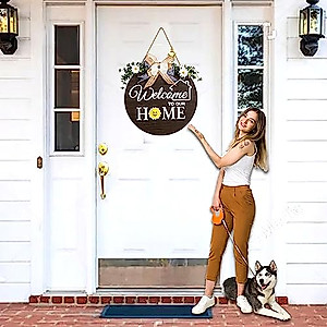 Interchangeable Welcome Sign Front Door Decoration,containing 14 signs. Family Porch Suspension Welcomes Round Wood Decoration. Welcome Sign diameter 12.6 Inch (Black)