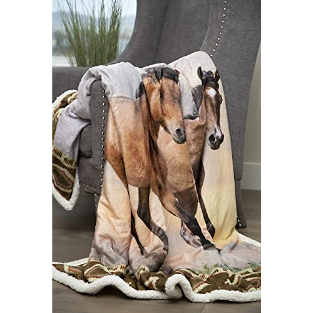 Carstens Wild Horses Western Plush Sherpa Throw Blanket 54'' x 68'', Brown