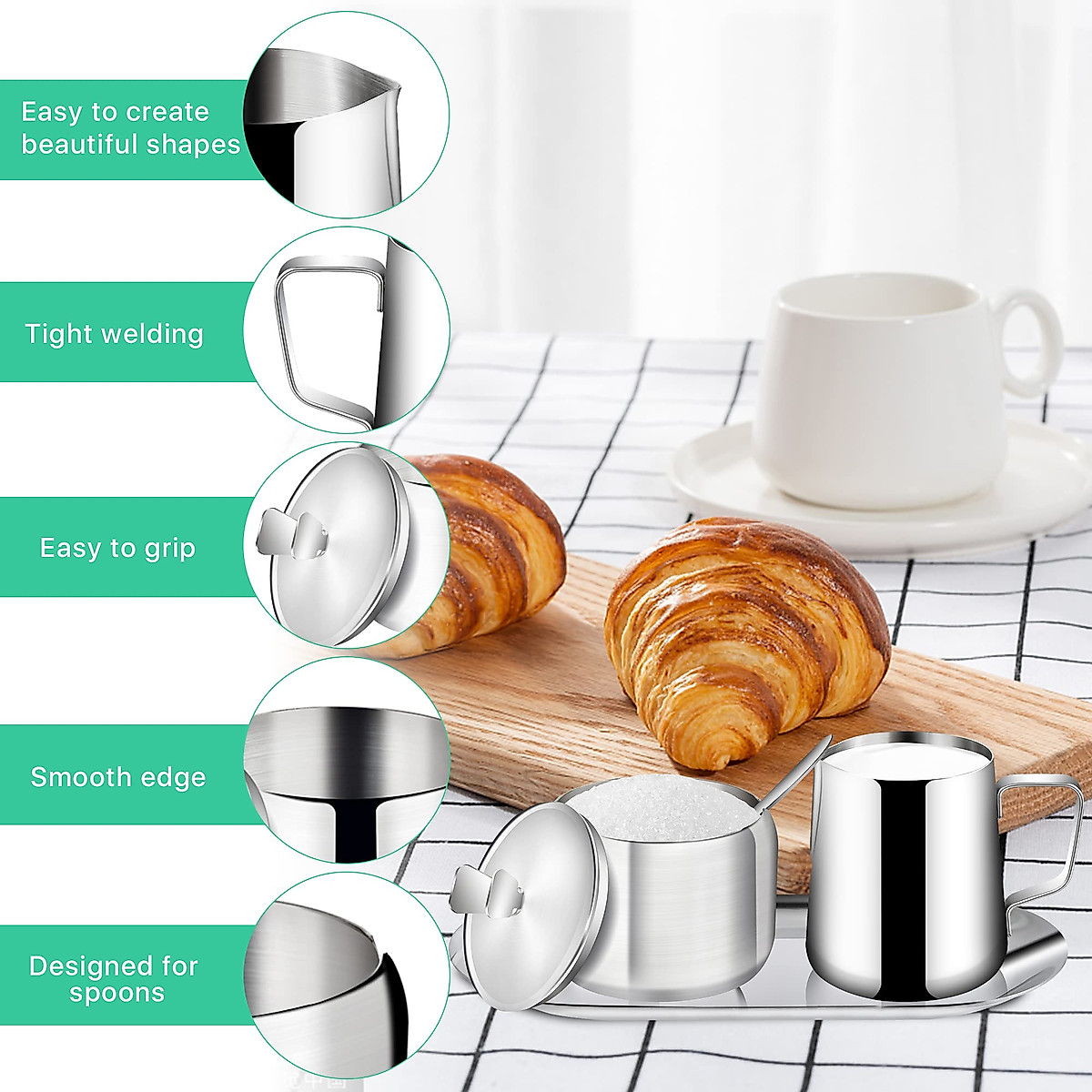 Worldity Stainless Steel Sugar and Creamer Set, Coffee Sets for Serving, Latte Milk Cup Cream Jug and Sugar Bowl with Lid Spoon Tray for Coffee Bar