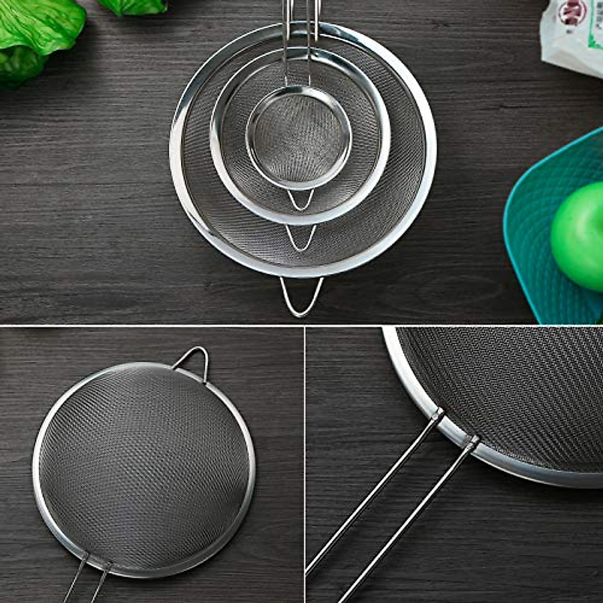 Yqlinnn Stainless Steel Fine Mesh Strainer, Set of 3 Fine Mesh Strainer for Kitchen, Use for Tea, Flour, Rice, Juice, Vegetable, Etc, 3.15", 5.51", 7.88", Silver