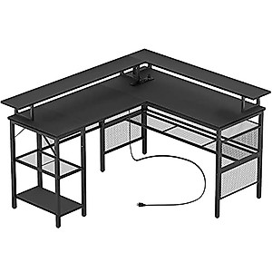 Unikito L Shaped Desk with LED Strip and Power Outlets, Reversible Corner Computer Desks with Monitor Stand and Storage Shelf, Modern Gaming Table, Home Office Desk with USB Ports, Black
