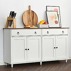 4 EVER WINNER Sideboard Buffet Cabinet with Storage, 55" Kitchen Buffet Storage Cabinet with 2 Drawers and 4 Doors, Retro Coffee Bar Cabinet Wood Buffet Table Dining Room Cabinet, White