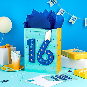 Loveinside Birthday Blue Gift Bag with Tissue Paper, Gift Tag and Greeting Card for Birthday, Party, Baby Shower and More - 10" x 5" x 13", 1 Pcs - 16 Years Old Birthday Boy