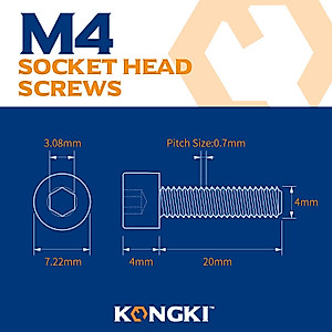 M4 x 20mm 12.9 Alloy Steel Screw Cap Point Hex Socket Screws Bolts Black Oxide Finish Machine Thread, 50Pcs