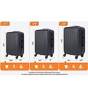 Fujampe 3 Piece Luggage Set Lightweight Hardshell Suitcases 20", 24", 28" Durable PC+ABS Hardside Luggage Sets, Double Spinner Wheels, TSA Lock Ideal for Travel - Black