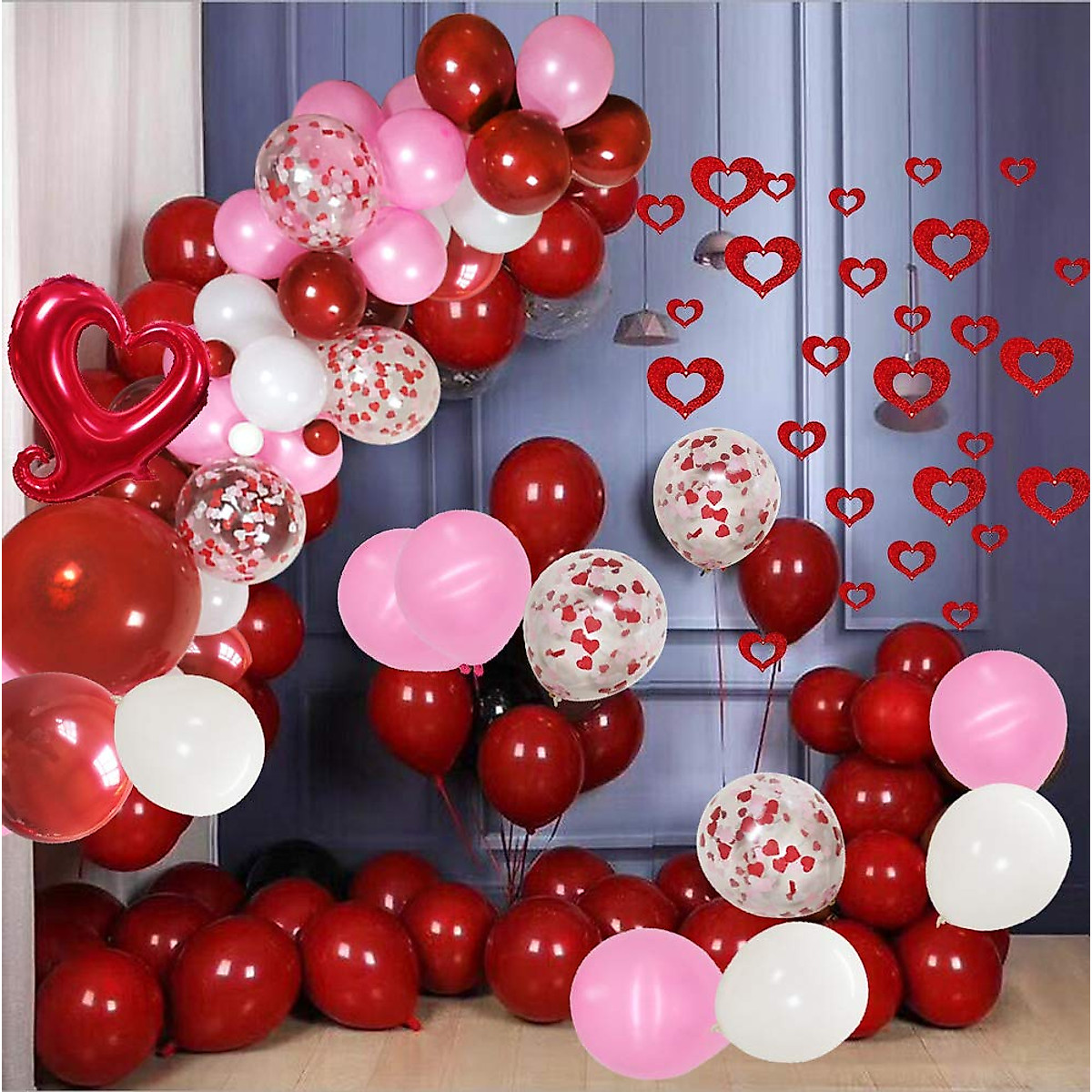 Birthday Red White Pink Balloons Garland, 100pcs 18" 12" 5" Latex Balloon Red Heart Shape Foil Balloon Red Heart Hanging for Girls Birthday 1st 10th 16th 21st 30th Women's Birthday Bridal Shower Decor