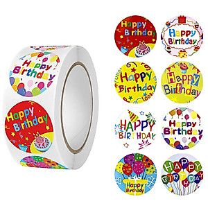 Andiker 500 Pieces Watercolor Happy Birthday Stickers, 1 Roll Cute Round Adhesive Birthday Sealing Sticker Labels for Kids Party Decoration (Type 2)