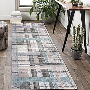 DECOMALL NELE Washable Runner Rug, Modern Plaid Non-Slip Long Rug for Hallway Kitchen, Multi 2’6”x9’